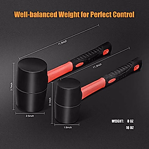 ZUZUAN Fiberglass Handle Rubber Mallet Hammer Set, 8 OZ and 16 OZ, Soft Blow Tasks without Damage, Black with Red, 2 Packs