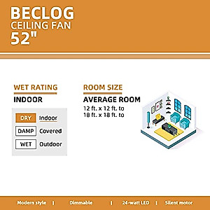 BECLOG Black Outdoor Ceiling Fans, 52" Ceiling Fans with Lights, 6-Speed Reversible DC Motor-Black