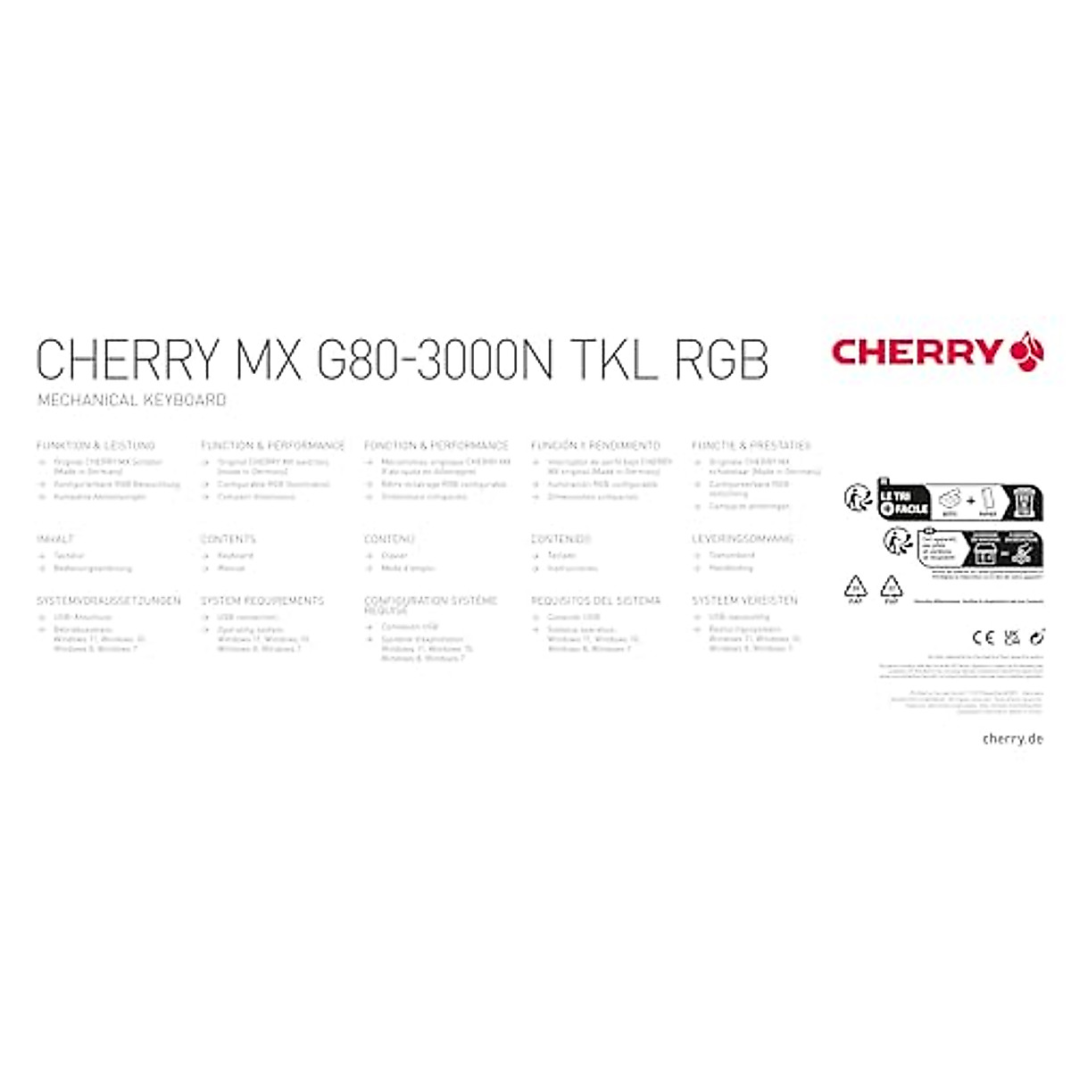 CHERRY G80-3000N RGB TKL, French layout, AZERTY keyboard, wired keyboard, mechanical gaming keyboard, MX SILENT RED SWITCHES, black