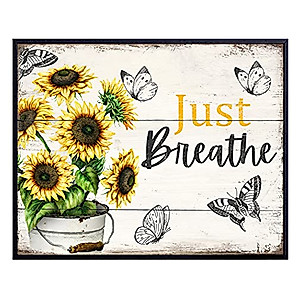 Just Breathe Sunflower Wall Art - Positive Quotes Wall Decor - Encouragement Gifts for Women - Inspirational Quotes Wall Decor - Uplifting Gifts for Women - Bedroom Wall Art Sign - Country Wall Art