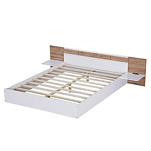 TURRIDU Queen Bed Frame with Storage, Bed Frame Queen Size with 2 Side Shelves, Outlets and USB Ports, Queen Size Platform Bed Frame with Wood Slats Support for Bedroom, Guest Room,White
