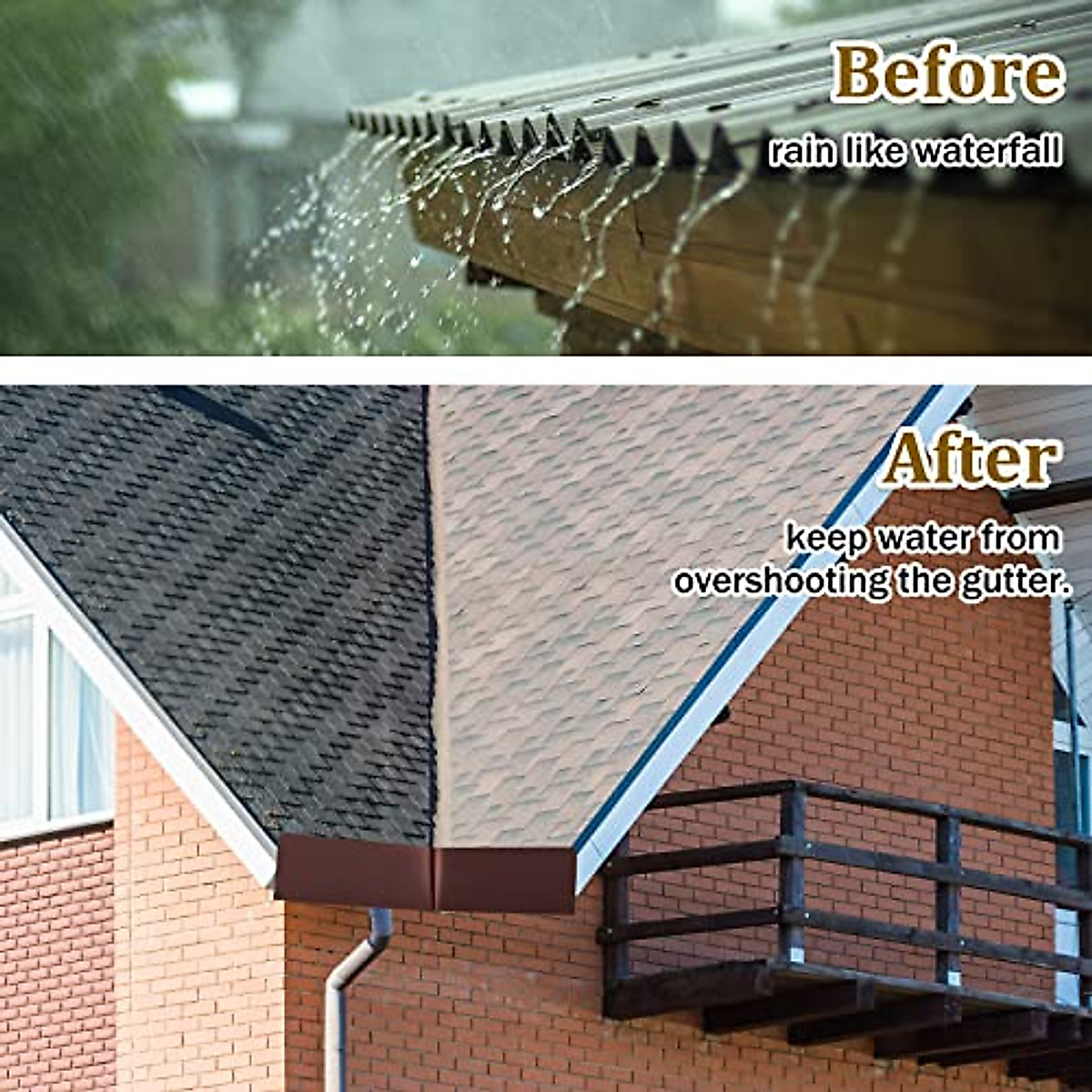 2 Pcs Gutter Valley Splash Guards 15.75 x 3.54 x 0.59 Inches Downspout Diverter Roof Rain Diverter with 20 Pcs Matching Gutter Screws Foldable Rain Gutter Guards for Corner House, Bent Style (Brown)