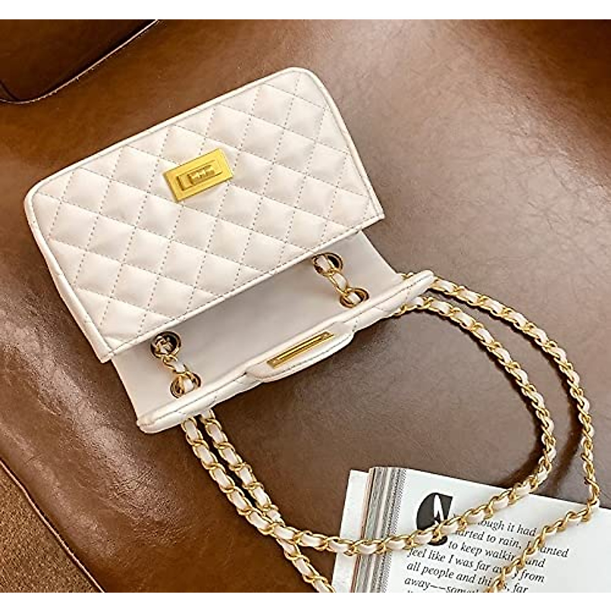 Women's Quilted Shoulder Bag | Chain Link Strap Clutch Purse | Crossbody Mini Messenger Handbag (Beige, Mini)