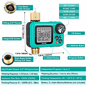 RESTMO Sprinkler Timer with Brass Inlet & Outlet, 3 Separate Programs Hose Timer, Programmable Water Timer for Garden Hose, Manual | Rain Delay | Automatic Watering System for Drip Irrigation and Lawn