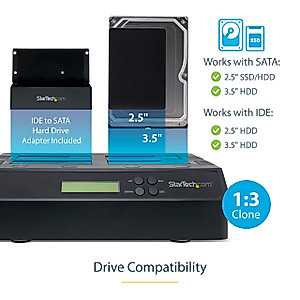 StarTech.com Dual Bay Hard Drive Duplicator and Eraser, External Standalone HDD/SSD Cloner / Copier, USB 3.0 to SATA Docking Station, Hard Disk Copier / Sanitizer / Wiper Tool (SATDOCK2REU3),Black