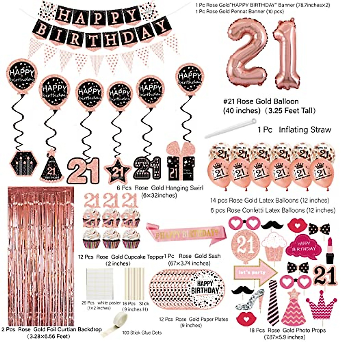 21st Birthday Decorations for her - (76pack) Rose Gold Party Banner, Pennant, Hanging Swirl, Birthday Balloons, Foil Backdrops, Cupcake Topper, Plates, Photo Props, Birthday Sash for Women Gift
