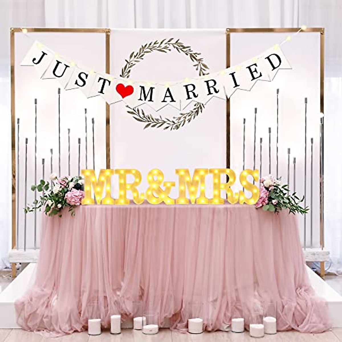 Coume Wedding Decorations Set, Mr Mrs Marquee LED Signs Just Married Banner Fairy String Light, 8.5 Inch Sign, for Table, Photo Props