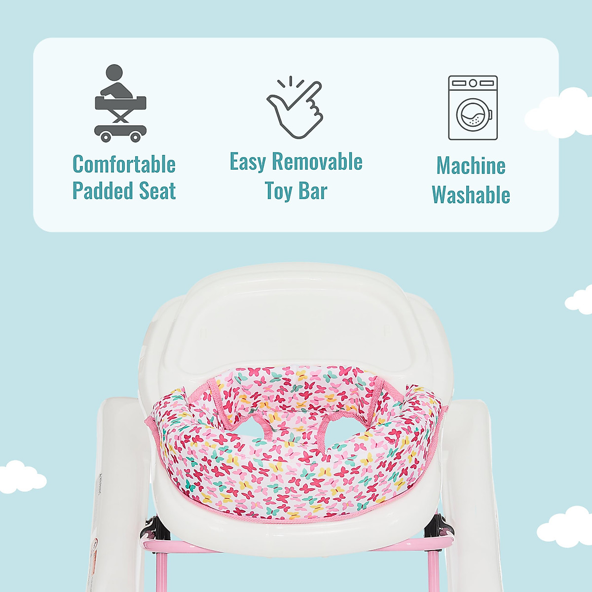 Dream On Me 2-in-1 Ava Baby Walker, Easy Convertible Baby Walker, Walk Behind, Height Adjustable Seat, Added Back Support, Detachable Slate, Spring Pink