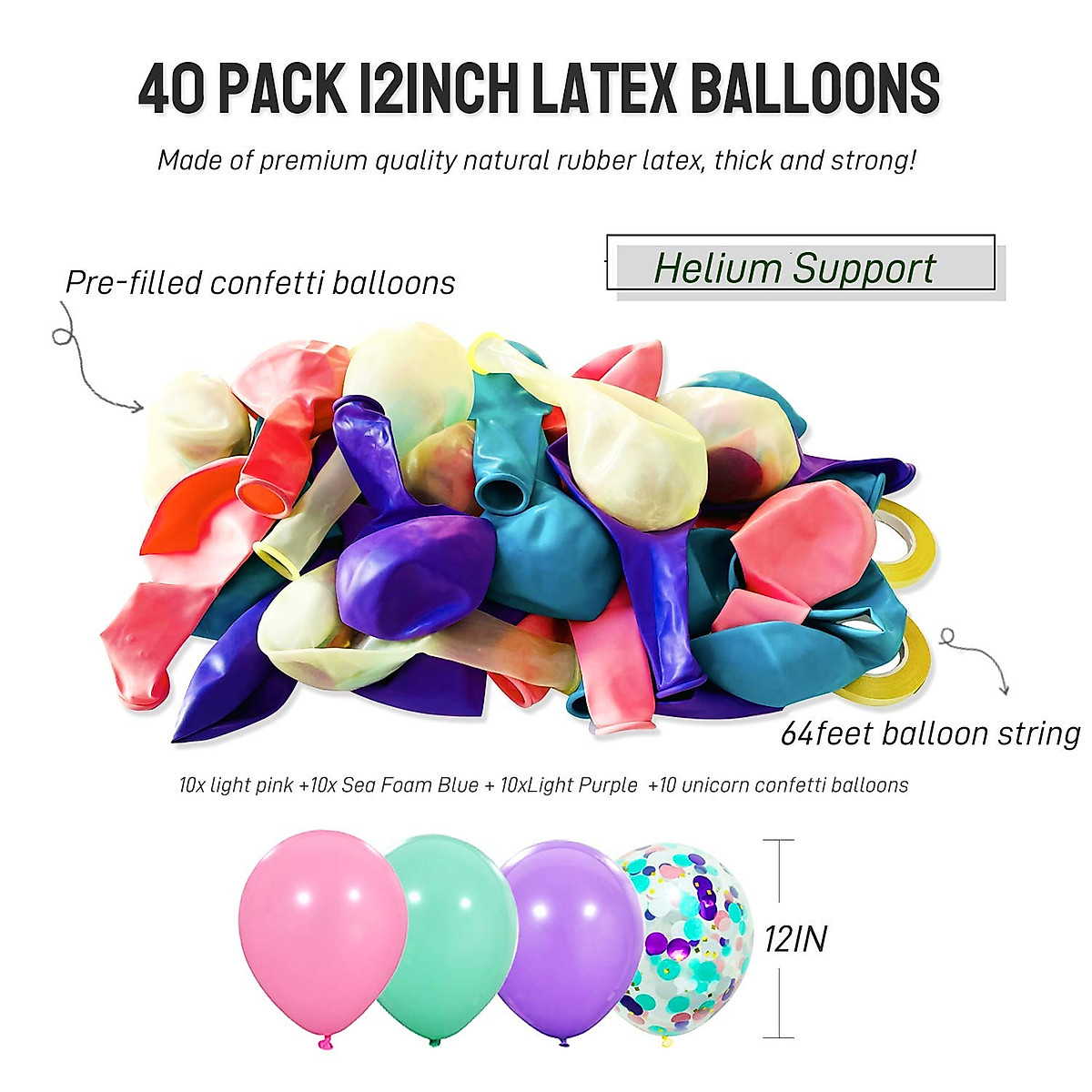 Unicorn Balloons 40 Pack, 12 Inch Light Purple Pink Seafoam Blue Latex Balloons with Confetti Balloon for Party Supplies Graduation Wedding Baby Shower Unicorn Birthday Decorations with Ribbon