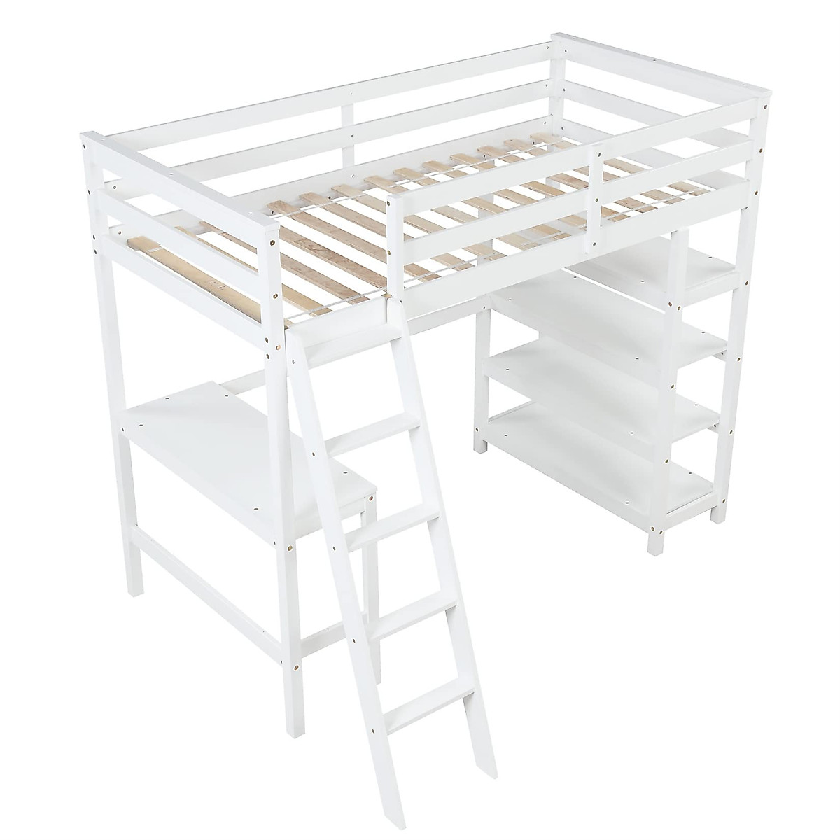 Bellemave Twin Loft Bed with Desk & Shelves for Teens Adults, Wood High Loft Bed Frame with Bookcase & Angle Ladder for Kids Boys Girls, Full-Length Guardrail, Twin Size, White