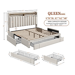 EnHomee Queen Bed Frame with Headboard and 3 Large Drawers, Upholstered Platform Bed Frame Queen Size with Storage, Queen Size Bed Frame with Headboard, Sturdy, No Box Spring Needed, No-Noise, Beige