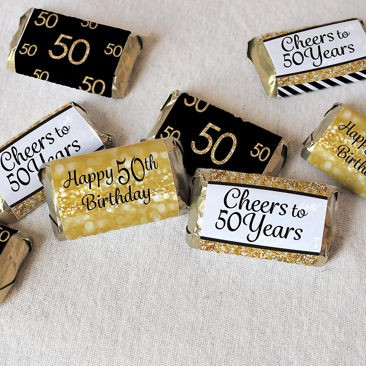 DISTINCTIVS Black and Gold 50th Birthday Party Mini Candy Bar Wrappers - 45 Stickers