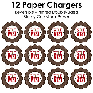 Big Dot of Happiness Western Hoedown - Wild West Cowboy Party Round Table Decorations - Paper Chargers - Place Setting for 12