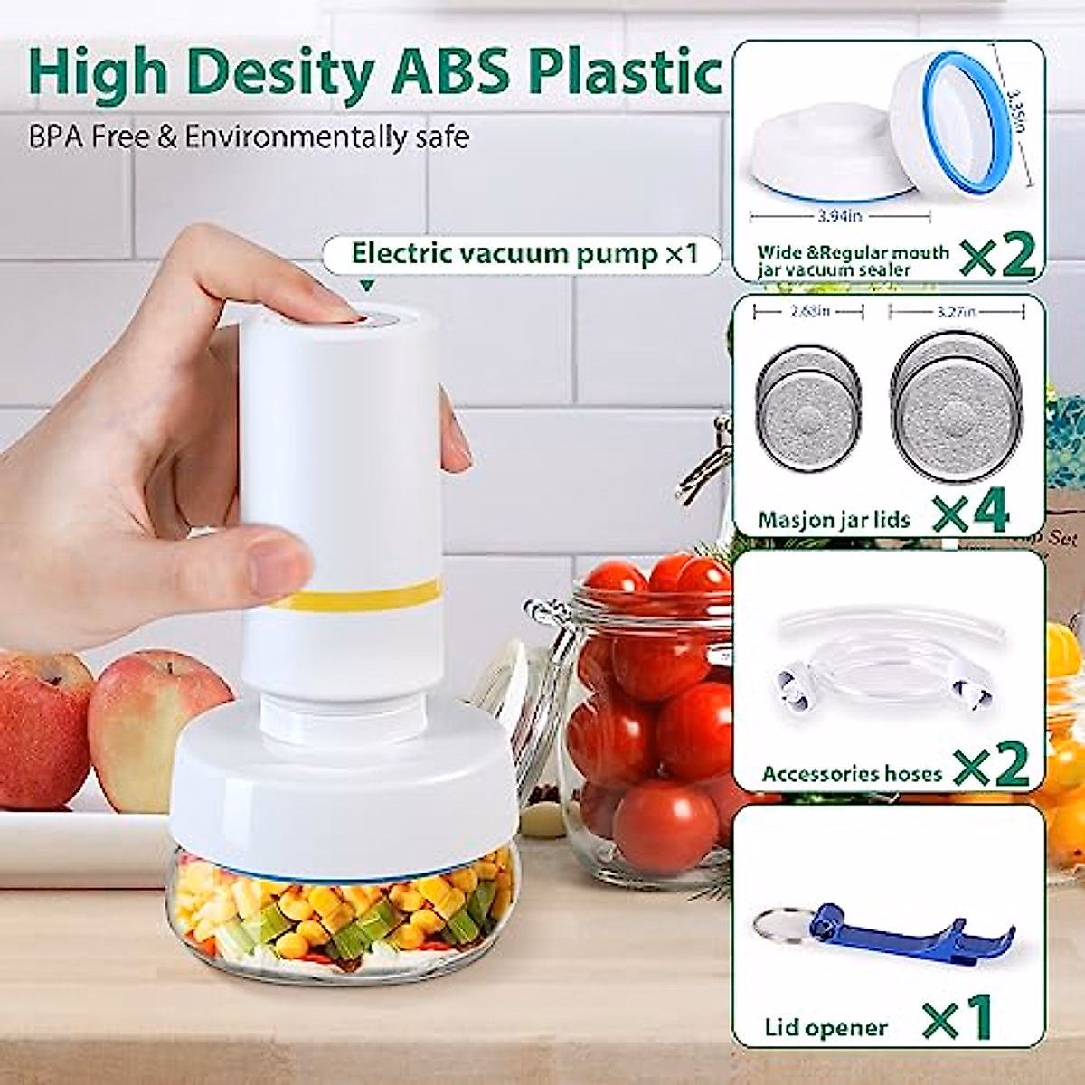 Electric Mason Jar Vacuum Sealer Food Vacuum Saver for Wide and Regular Mouth Mason Jars Can Sealer Jar Seal Pump Kit Accessories Hose Compatible with FoodSaver Vacuum Canning Sealer Machine Attachment Jars Sealing Hood for Food Storage