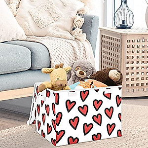 CaTaKu Red Hearts Black Storage Bins with Lids and Handles, Fabric Large Storage Container Cube Basket with Lid Decorative Storage Boxes for Organizing Clothes