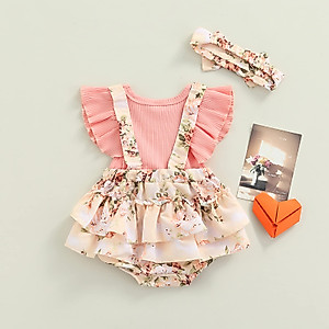 Douhoow 0-18M Newborn Baby Girls Outfit Infant Summer Fly Sleeve Floral Bow Romper +Headband 2pcs /Set (Pink, 3-6 Months)