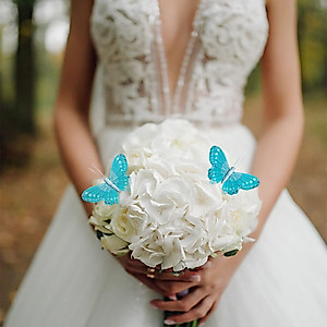 3D Teal Butterfly Wall Decor: Set of 6 Real Feather Butterflies Wall Stickers with Pearls for Girls Bedroom Baby Shower Wedding Cake Office Decor Butterfly Wall Decals for Bathroom Boho Living Room