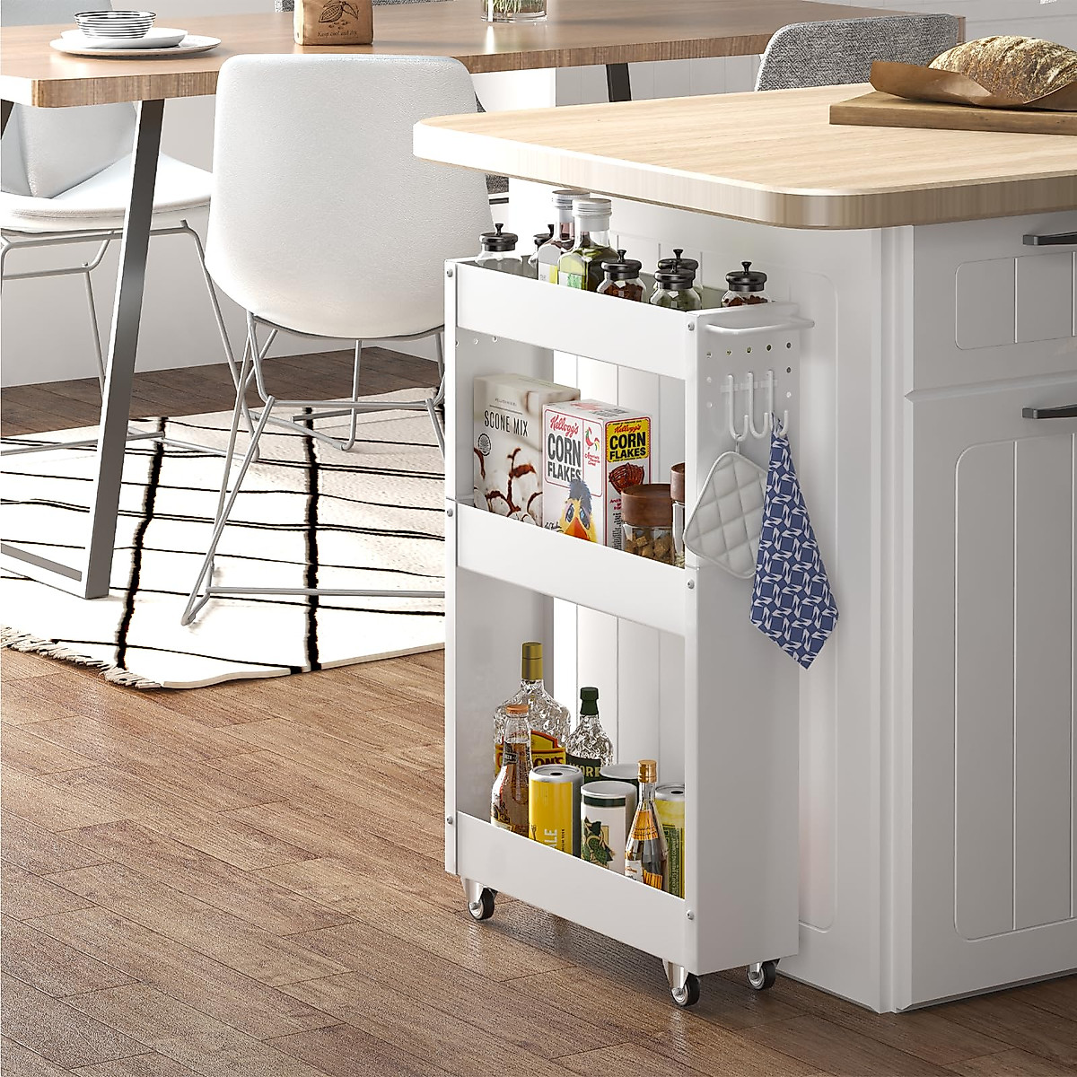 XYZLVSI Slim Storage Cart, 5 in Width, 3-Tier White Rolling Cart with Handle for Kitchen Bathroom Laundry Narrow Places