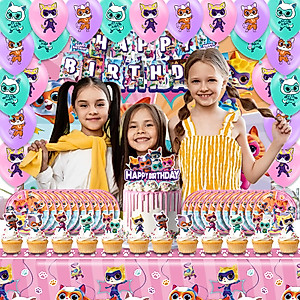 Super Cat Birthday Party Supplies - Super Cartoon Kitty Birthday Decorations with 18X Balloons, Birthday Banner, Tablecloth, Cake Topper, 12X Cupcake Toppers, 10X Plates, Backdrop for Fans Kids