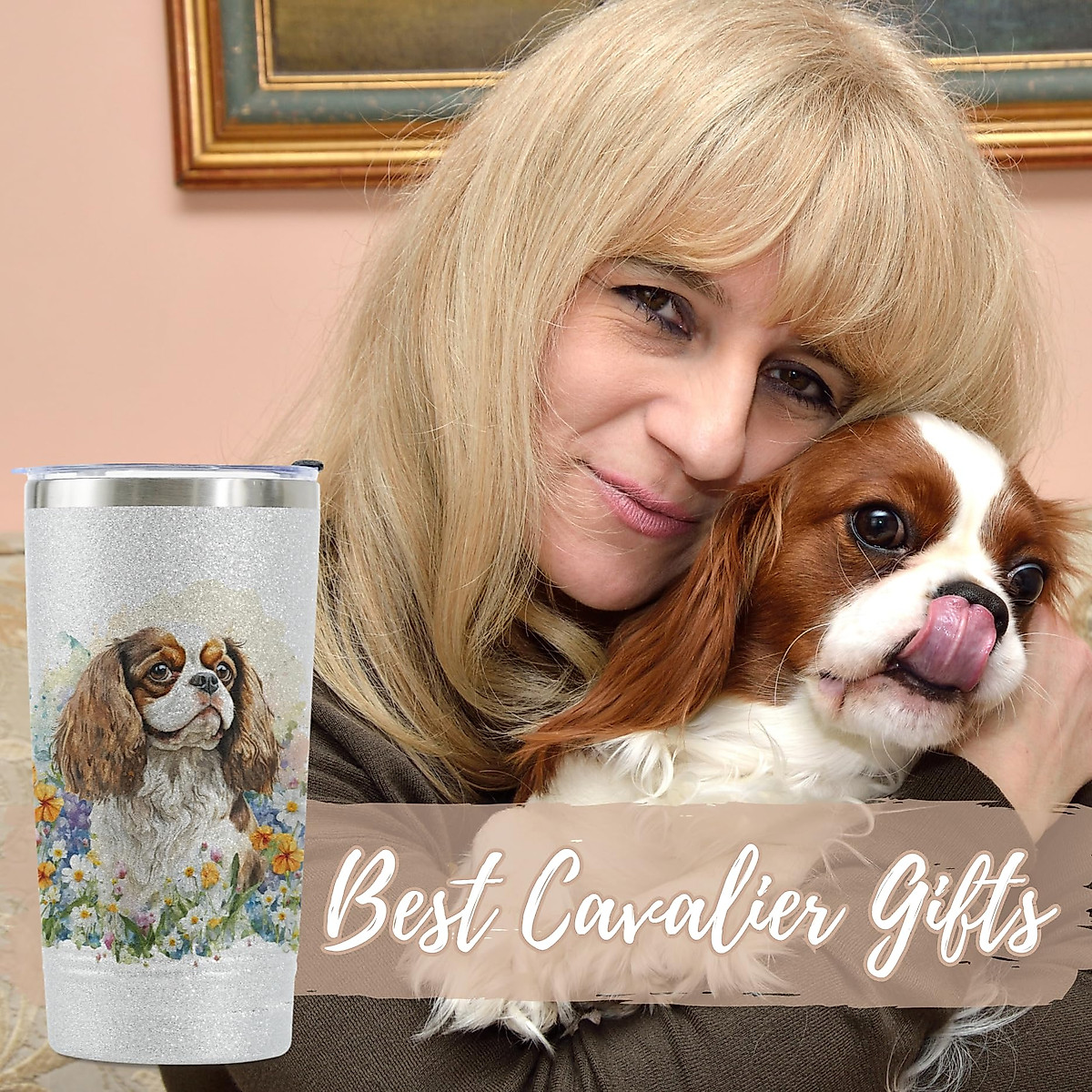 Onebttl King Charles Cavalier Gifts for Women/Men, Unique 20oz Cavalier Glitter Tumbler with Lid and Straw, Cavalier King Charles Spaniel Gifts for Birthday, Christmas