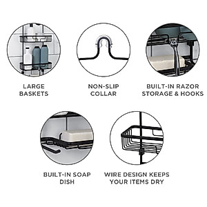 Zenna Home Rustproof Shower Caddy Hanging Bathroom Organizer, Aluminum Shower Rack with 2 Shelves and Built in Hooks, Premium Over Shower Head Storage System, Black