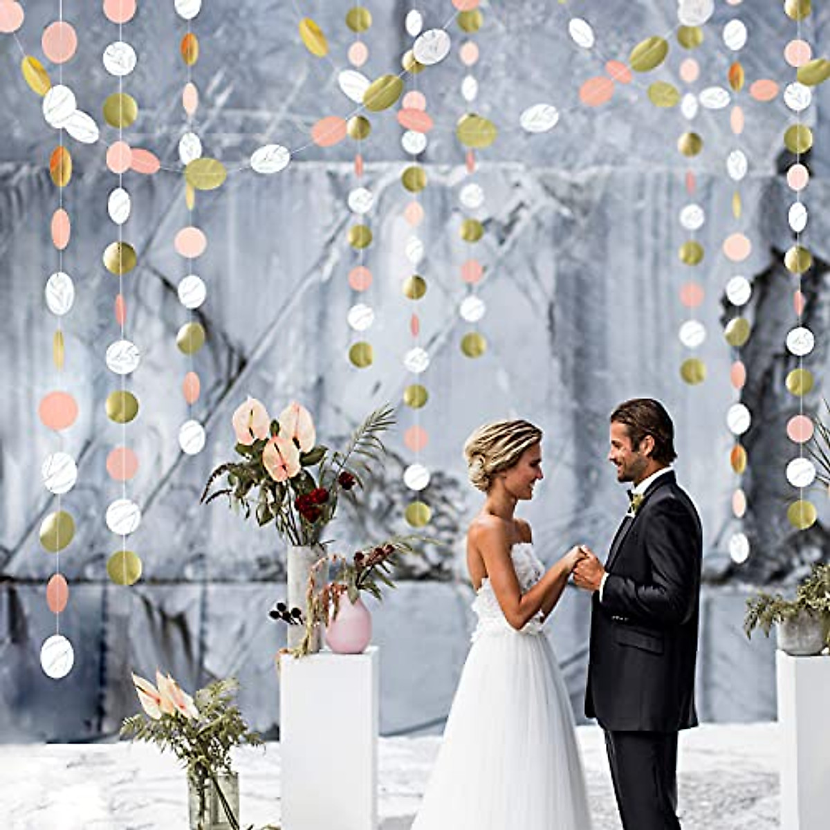 Gold Pink White Party Decoration Marble Stripe Circle Garland Hanging Decoration Party Banner Streamer Backdrop for Wedding Engagement Bday Birthday Sweet 16 Baby Bridal Shower Party Supplies