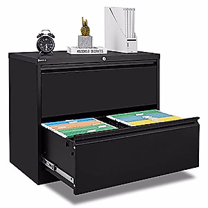 Bonnlo Classic Black 2 Drawer File Cabinets for Home Office, Metal Lockable File Cabinet for Letter/Legal Size File Folders, Wide Lateral File Cabinet and Printer Stand, Simple Assembly Required