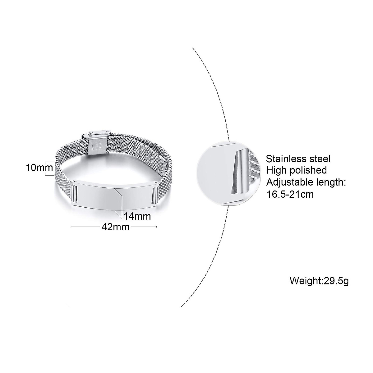 MEALGUET Personalized Stainless Steel Stylish Mesh Band Mesh Strap Women Bracelet Adjustable ID Bracelet Wristband for Men Women, Silver