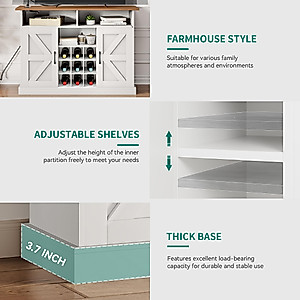 YITAHOME Farmhouse Coffee Bar Cabinet, 47" Wine Bar Cabinet Floating Shelf Hanging Rod Power Outlets, Sliding Barn Door Sideboard Buffet Cupboard Liquor Pantry for Kitchen, Dining Living Room