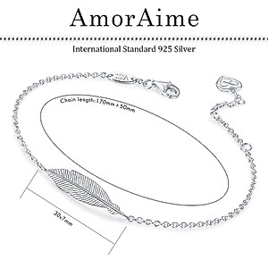 AmorAime Silver Bracelet for Women Lucky Simple Feather Bracelet Love 925 Sterling Silver Adjustable Jewelry for Women for Festival, Vacation or Holiday