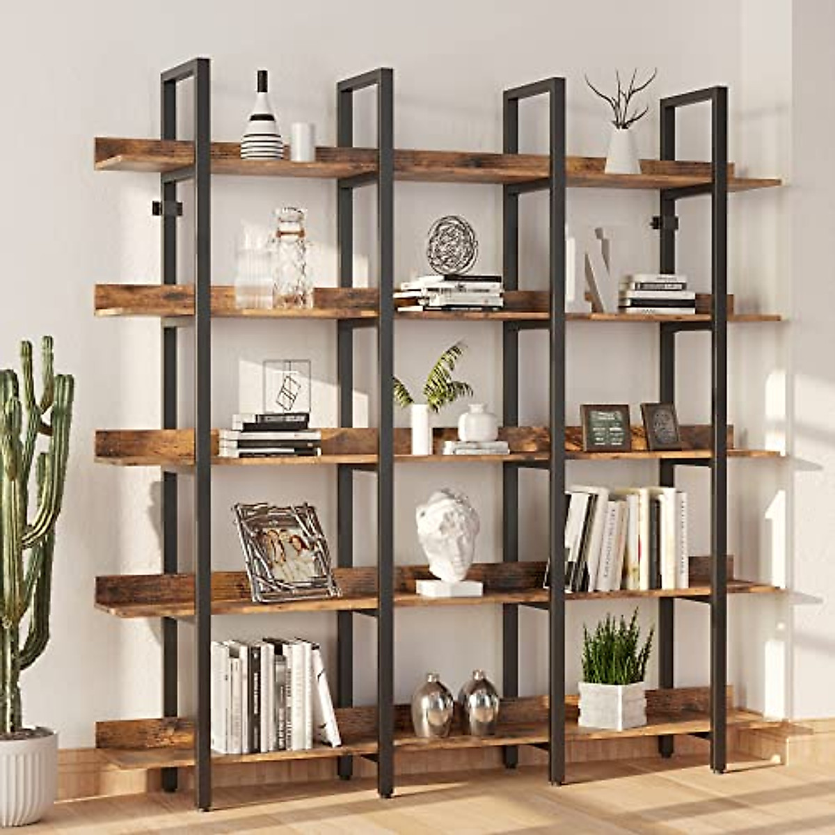 IRONCK Industrial Bookshelf and Bookcase 5 Tiers Large Triple Wide Display Shelf with Storage for Living Room Home Office