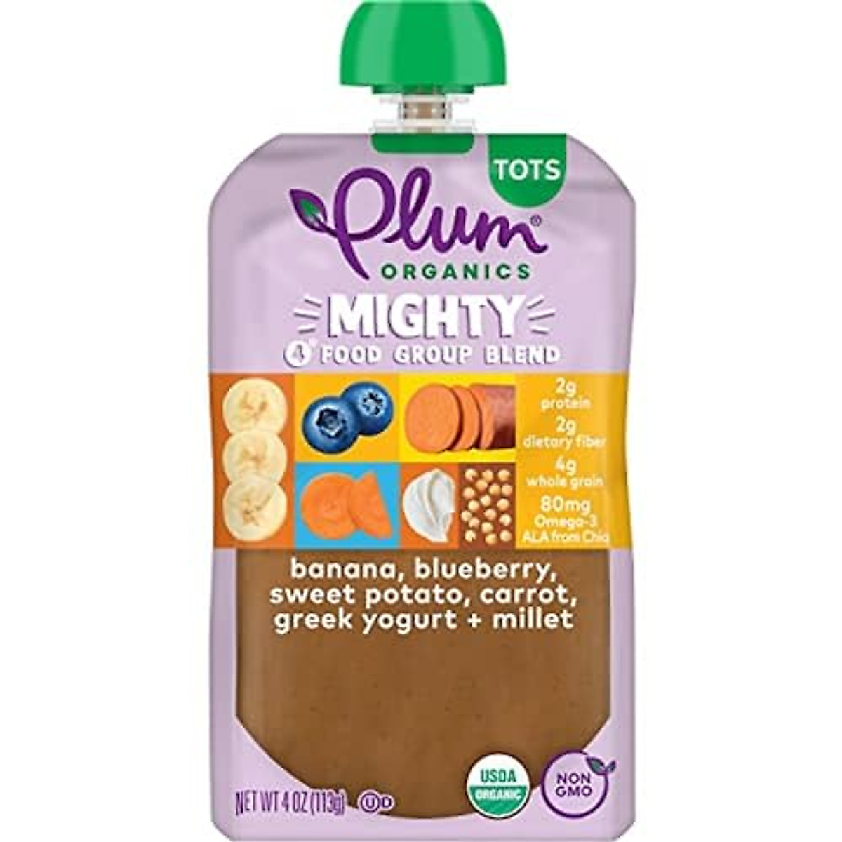 Plum Organics Mighty 4 Organic Toddler Food - Banana, Blueberry, Sweet Potato, Carrot, Greek Yogurt, and Millet - 4 oz Pouch (Pack of 12) - Organic Fruit and Vegetable Toddler Food Pouch