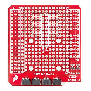 SparkFun Qwiic Shield Compatible with Arduino-Simple to incorporate Qwiic connect system w/ R3 footprint system I2C 4 mounting ports 3-by-1 power rails & ground buses Converts 5V-3.3V Soldering Needed