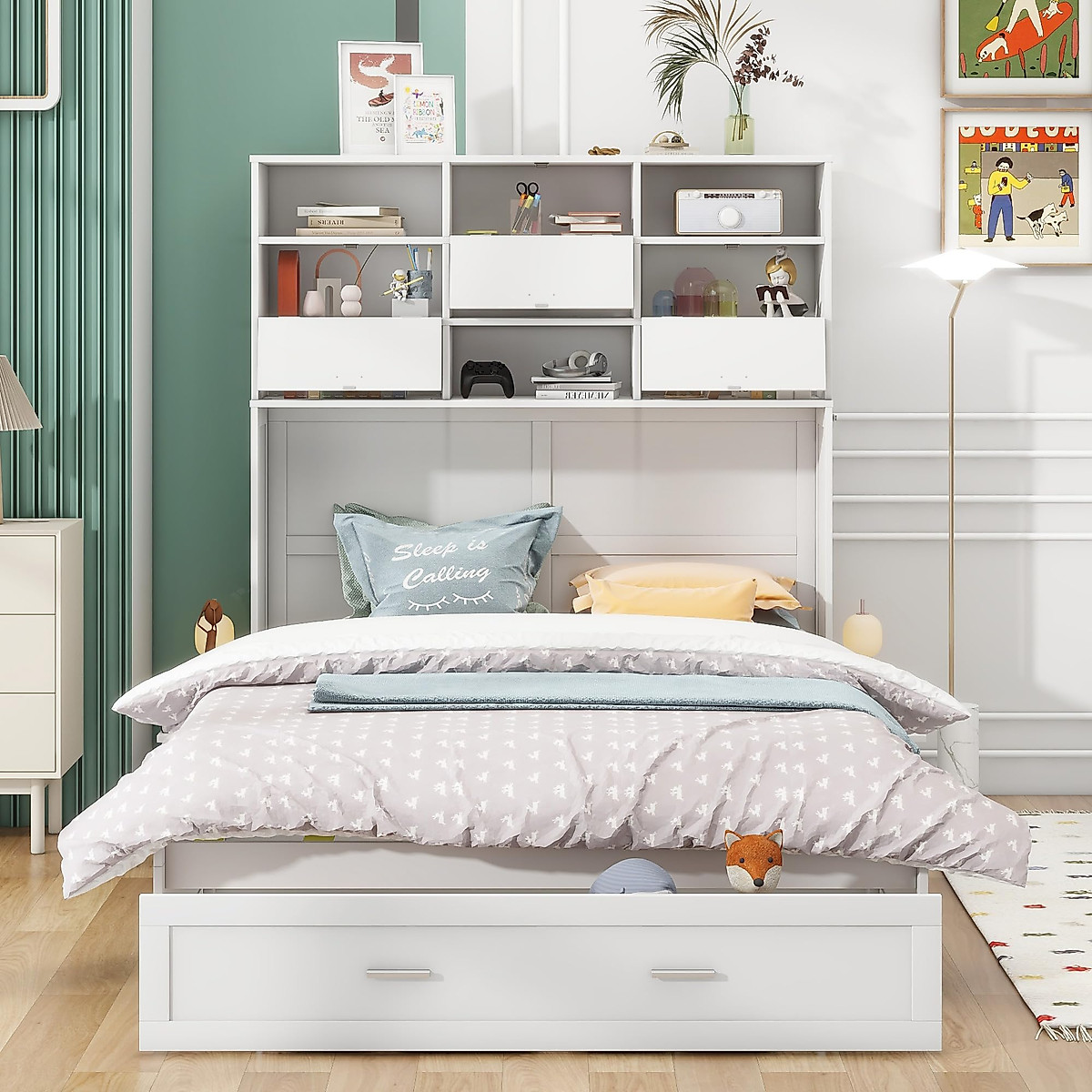 Murphy Bed Queen with Bookcase Headboard ,Wooden Murphy Bed Cabinet with Bedside Shelves and a Big Drawer, Easy Fold Modern Murphy Cube Wall Bed for Guest Room Home Office, White