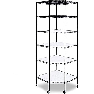Aybihous3 6 Tiers Corner Shelf Adjustable Metal Storage Wire Shelving Unit Heavy Duty Commercial Rack Free Standing Rack Metal Display On Wheels for Garage Living Room Kitchen Industrial NSF Black