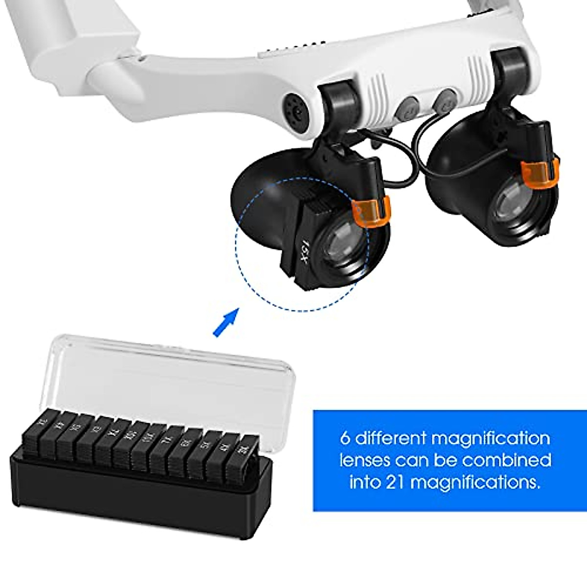 Head Mount Magnifier, Headband LED Illuminated Magnifier with Interchangeable Cold and Warm Lights, Magnifying Glass Lamp with 3X, 4X, 5X, 6X, 7X, 10X, 6 Detachable Lens, for Close Work, Jewelry