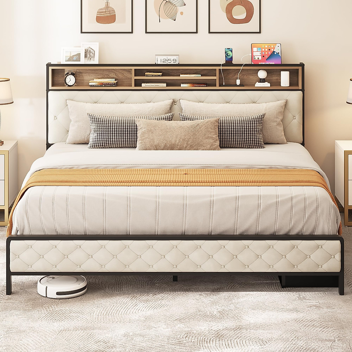 DWVO King Bed Frame with Built-in Charging Station, Platform Bed Frame with Upholstered Storage Headboard & Footboard, Sturdy Metal Slats, No Box Spring Required (Beige)