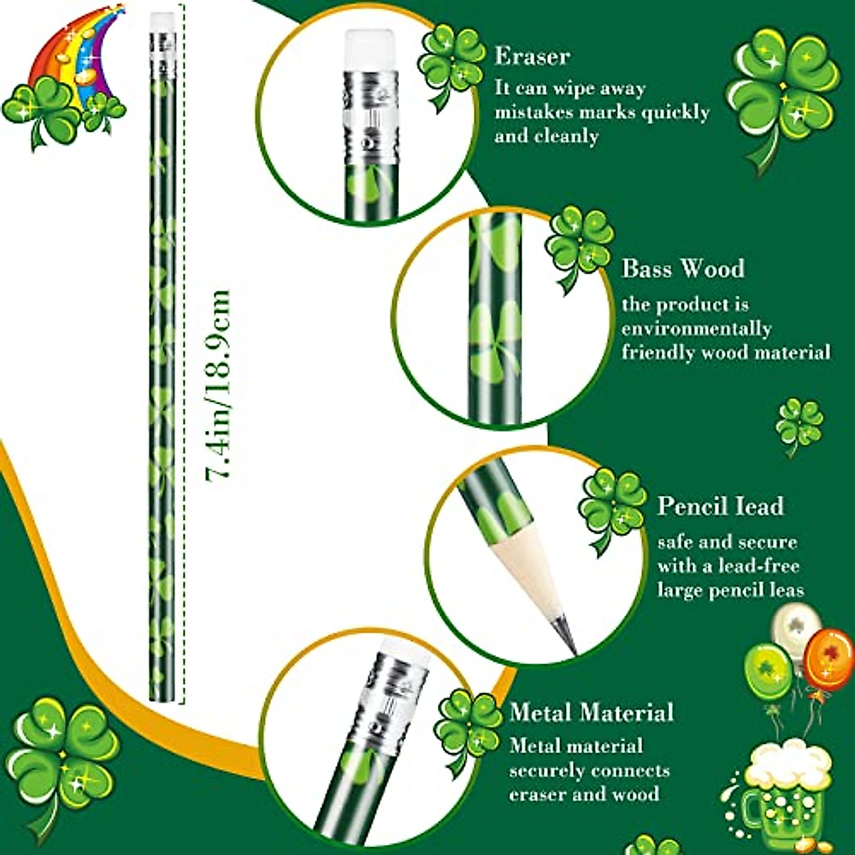 St. Patrick's Day Pencils Shamrock Pencils Clover Novelty Stripe Pencils with Eraser Assorted Kids Pencils Lucky Wood Pencils for 100th Day of School Party Favor Office Supply, 5 Styles (25 Pieces)