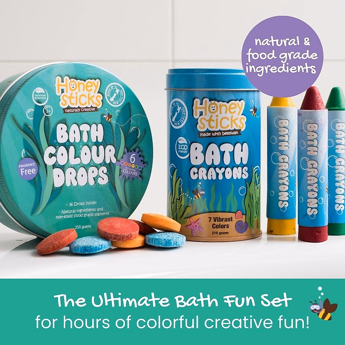 Honeysticks Ultimate Bath Fun Set - Non Toxic Bath Crayons (7 Pack) and Bath Color Tablets (36 Drops) for Hours of Creative Bathtub Fun - Natural and Food Grade Ingredients - Great Gift Set for Kids