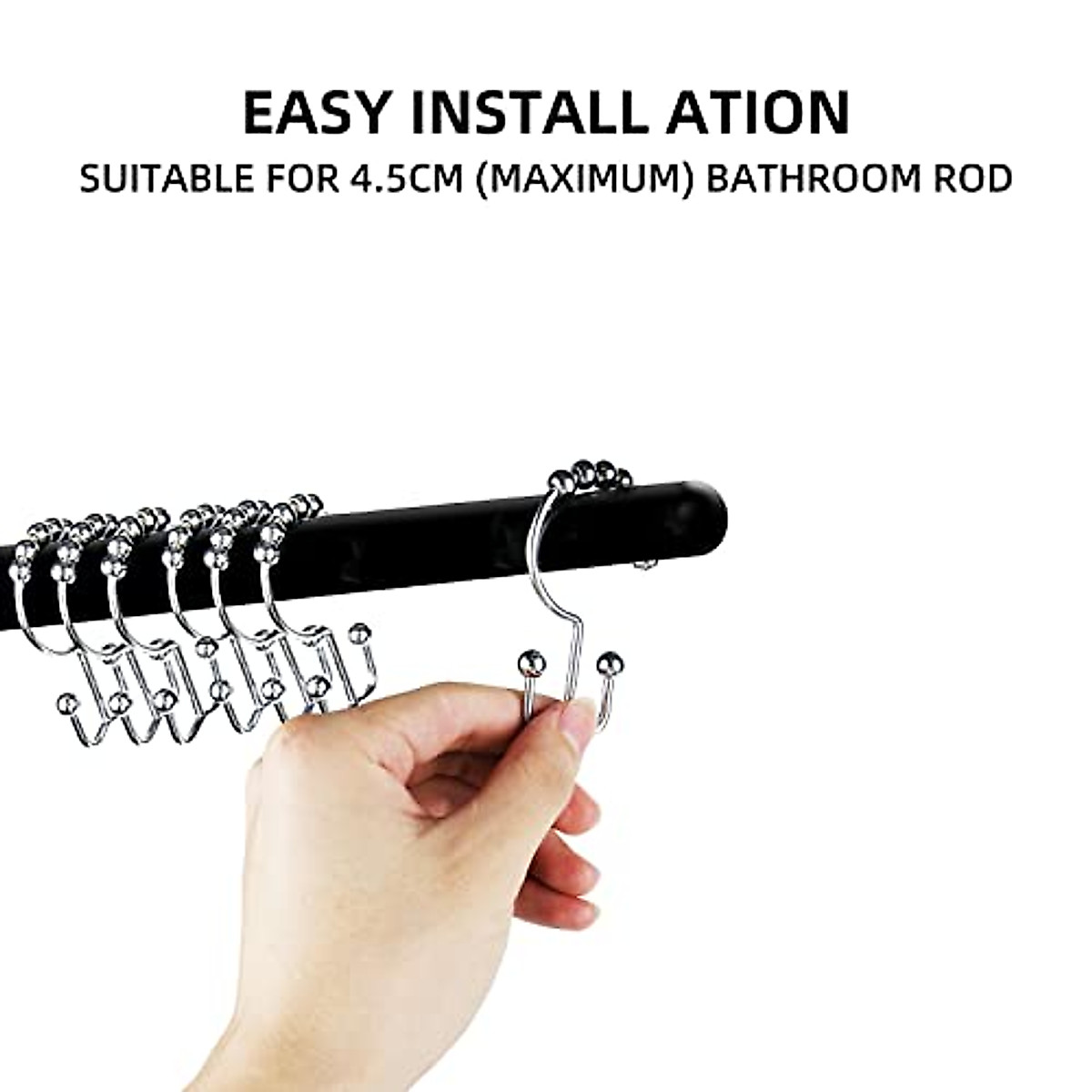 Shower Curtain Hooks Rings Premium Rust Resistant Metal Hook Double Glide Shower Hooks Roller Balls Glide on Shower Rods for Bathroom Curtain, Shower Curtains & Liners, Set of 12 (Silver)