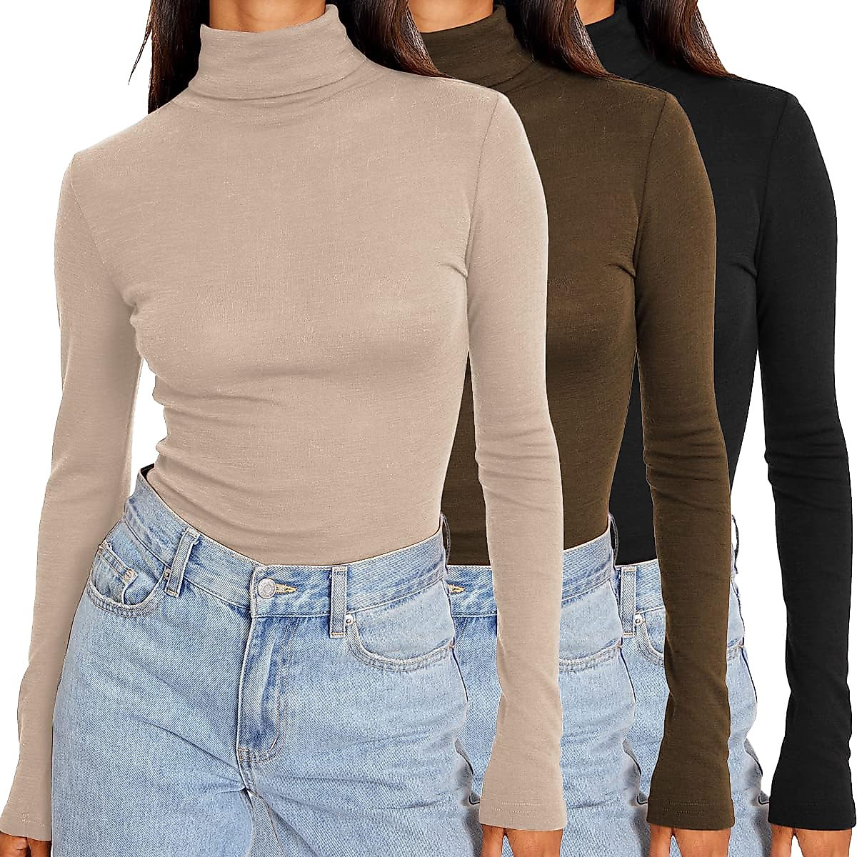 SUNBS Womens 3 Piece Turtleneck Long Sleeve Shirts Mock Neck Fall Fashion 2025 Slim Fit Winter Thermal Underwear Tops BlackBeigeCoffee3 XL