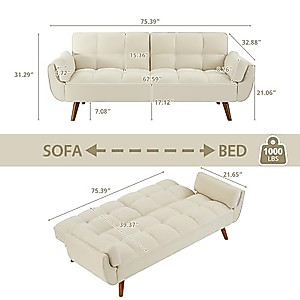 Fangflower Convertible Sofa Bed, Velvet Fabric Adjustable Backrest Sleeper Futon Loveseat with Tapered Wood Legs for Living Room, Bedroom, Apartment Lounge, Garage