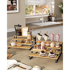 SONGMICS Display Risers, Set of 2 Engineered Wood Perfume Organizer Stand, 4-Tier Cupcake Stand Holder, Spice Rack, Shelf Risers for Figures, Dessert Shelves, Natural Beige and Ink Black UKCS216N01