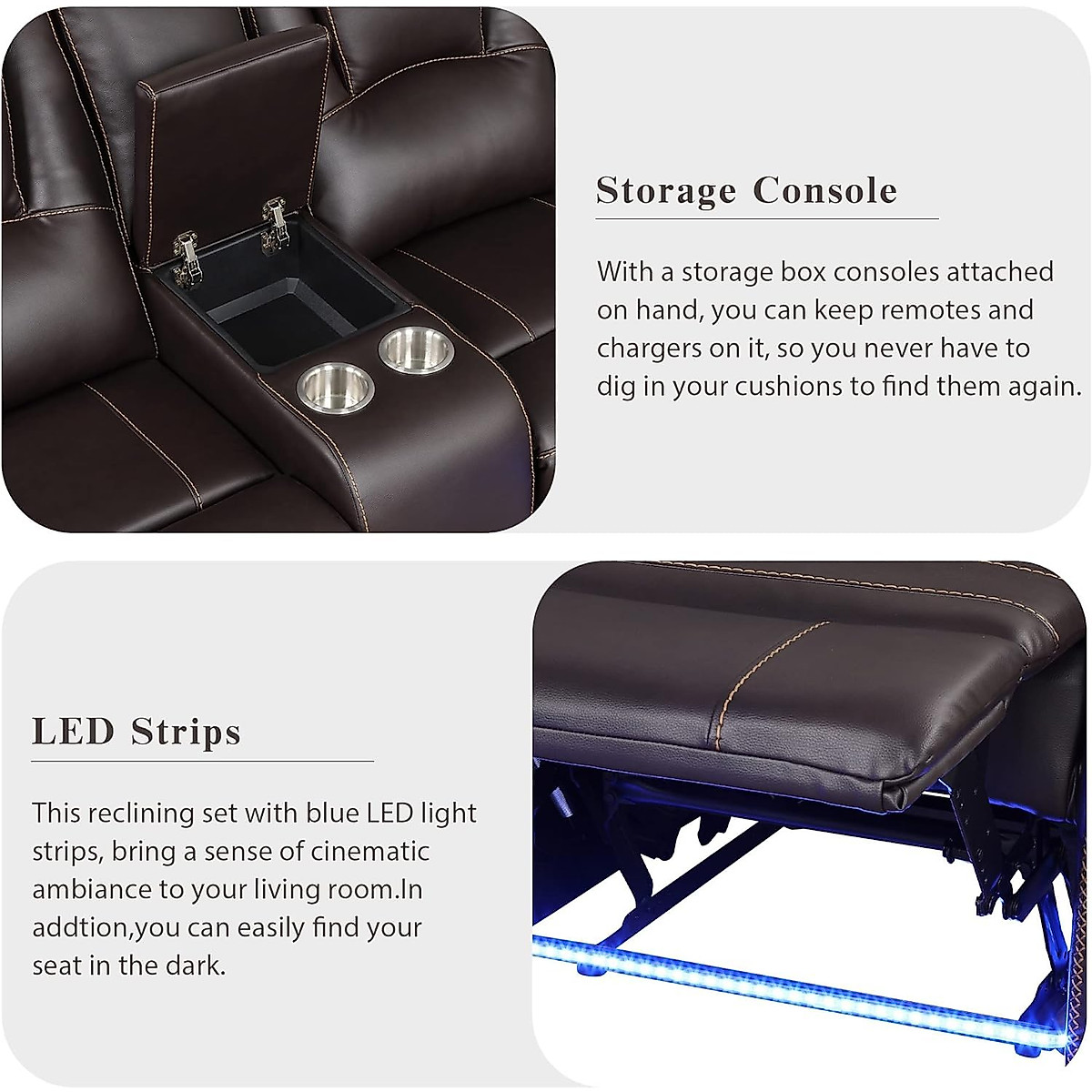 Olodumare Modern Faux Leather Manual Reclining Sectional Sofa Couch with LED Light Strip, Leather Recliner Couch with Cup Holder and Storage for Living Room Office,Living Room Furniture Set, Brown