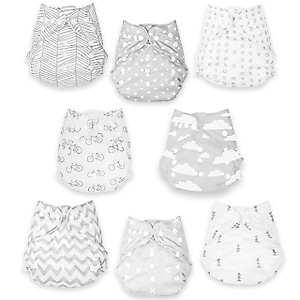 Grey Clouds Cloth Diapers (Updated Quality) – 8 Reusable Cloth Diapers for Babies with 8 Cloth Diaper Inserts – Extra Leg Lining for Boys