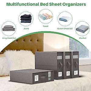 PARANTA Bed Sheet Organizers and Storage 4 Pack,Foldable Linen Closet Organizer,Twin Full Bed Sheet Organizers with Label Handle Window,Sheets Set Keeper for Blanket Duvet Cover Queen or King Grey