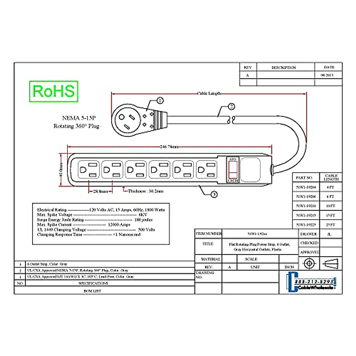 10 feet Surge Protector, Flat Rotating Plug, 6 Outlet, Black Horizontal Outlets, Plastic, 10ft Power Cord, Surge Protector Multi Plug, CableWholesale