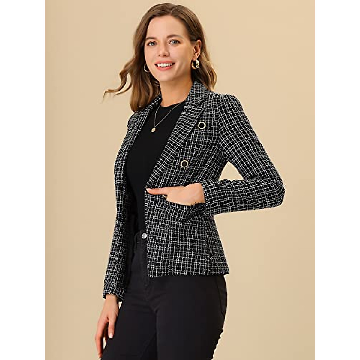 Allegra K Women's Elegant Plaid Jacket Long Sleeve Open Front Tweed Blazer Medium Black