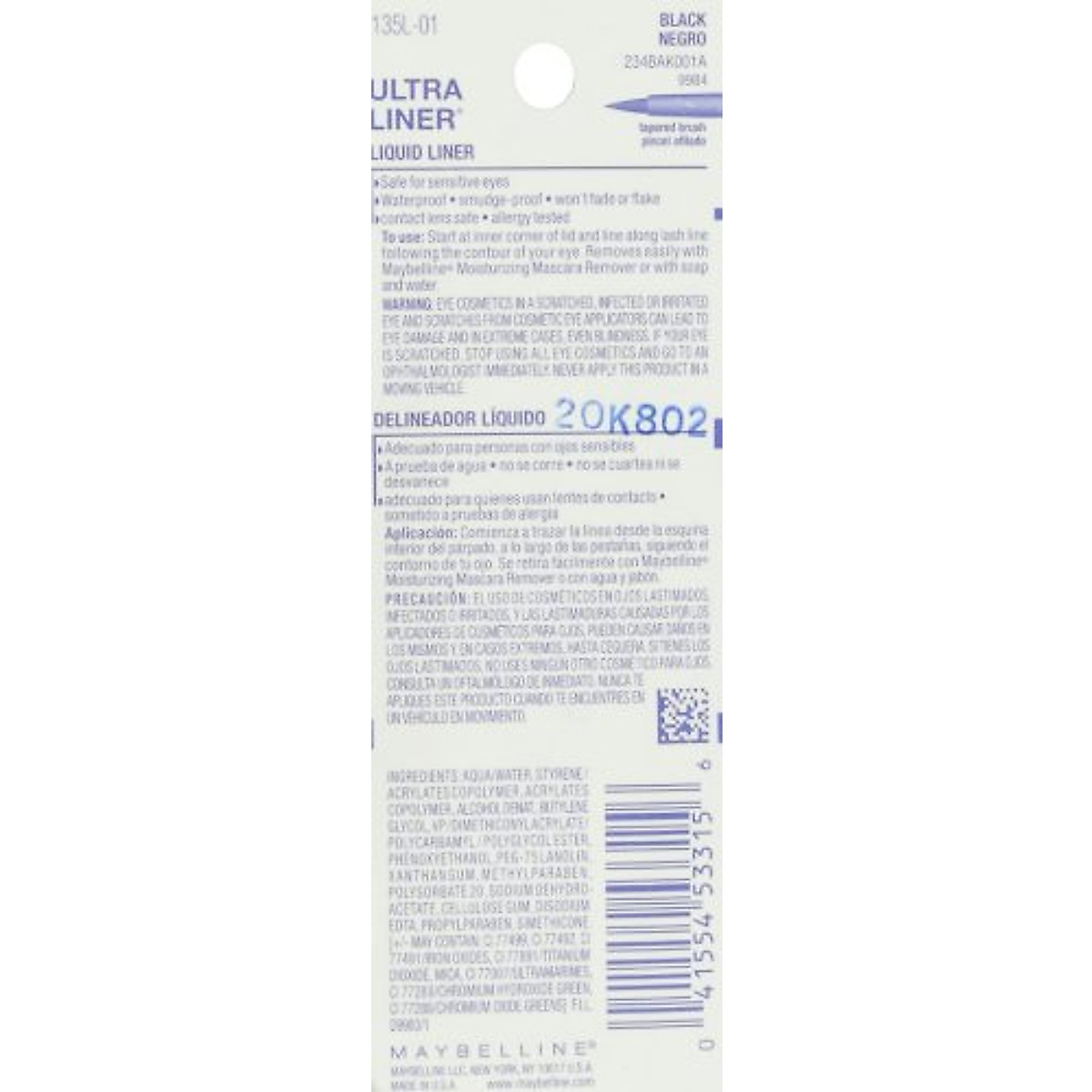 Maybelline New York Ultra-Liner Liquid Liner, Waterproof, Black 135L-01 , 0.25 fl oz (7.3 ml)