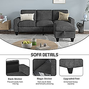 Grey Convertible Sectional Sofa Couch,3Seat L Shaped Sofa Couch with Storage Reversible Ottoman and Pockets, Modern Grey Snowflake Velvet Upholstered Sofa Furniture Sets for Living Room Small Space